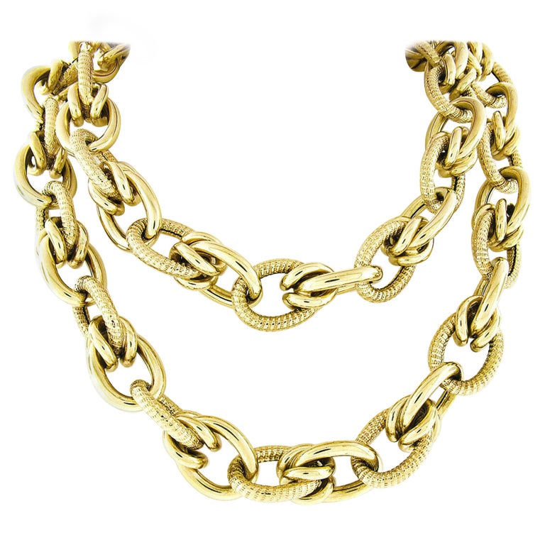 Long 14k Gold Polished Textured Oval Knotted Link Chain Statement ...