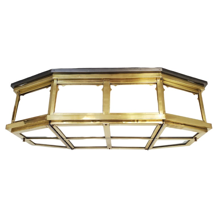 Long and Large Mid Century /Industrial Brass and Glass Flush Mount For ...