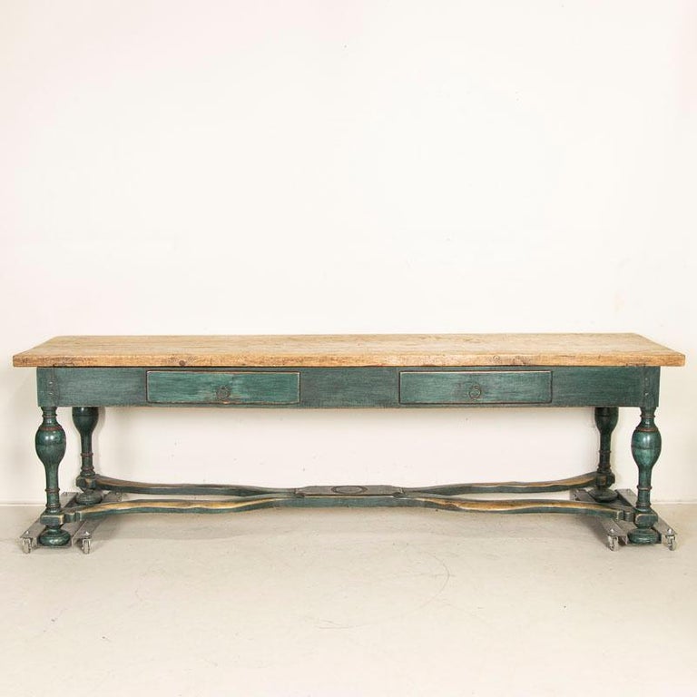 Long Antique Original Green Painted Farm Table Dining Table at 1stDibs