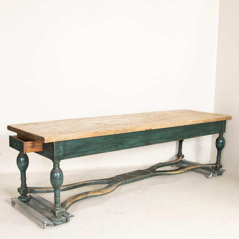 Long Antique Original Green Painted Farm Table Dining Table at 1stDibs