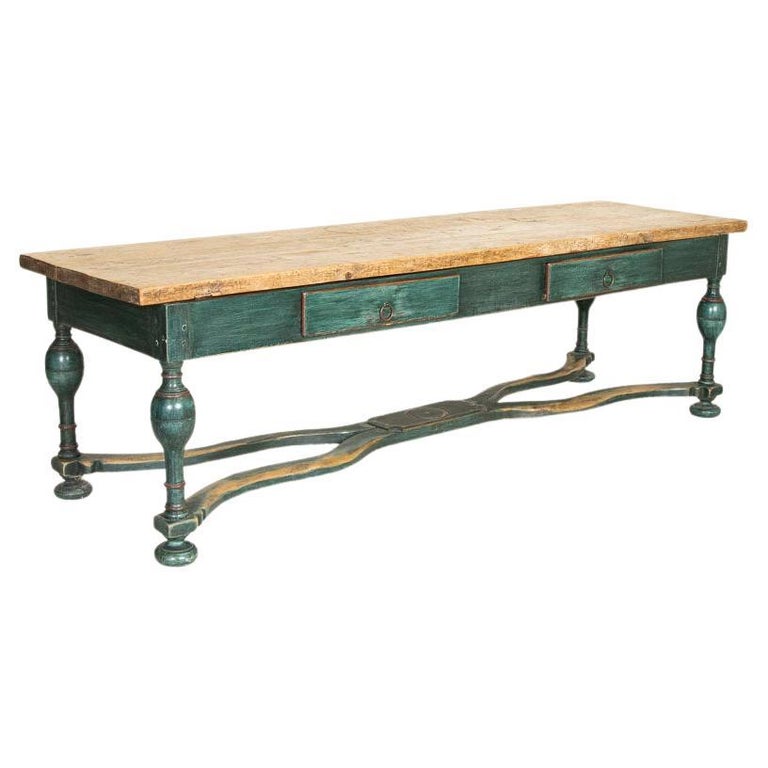 Long Antique Original Green Painted Farm Table Dining Table at 1stDibs