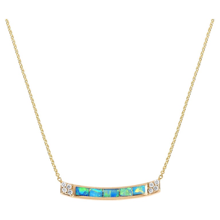 Long Bar, Australian Opal Inlay Necklace with Diamonds, 14kt Yellow ...