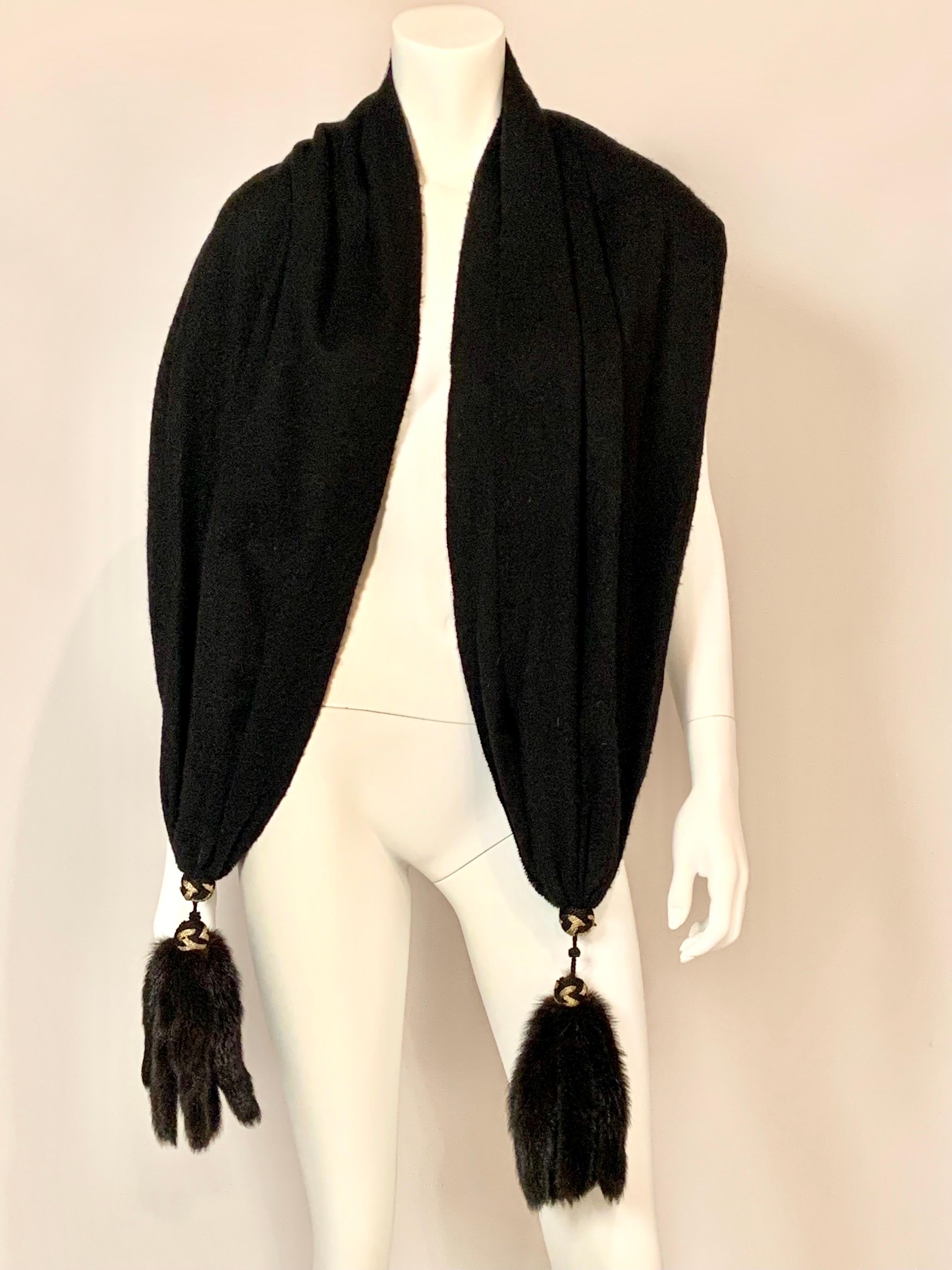 Long Black Cashmere Shawl with Metallic Gold Trimmed Mink Tassels at ...