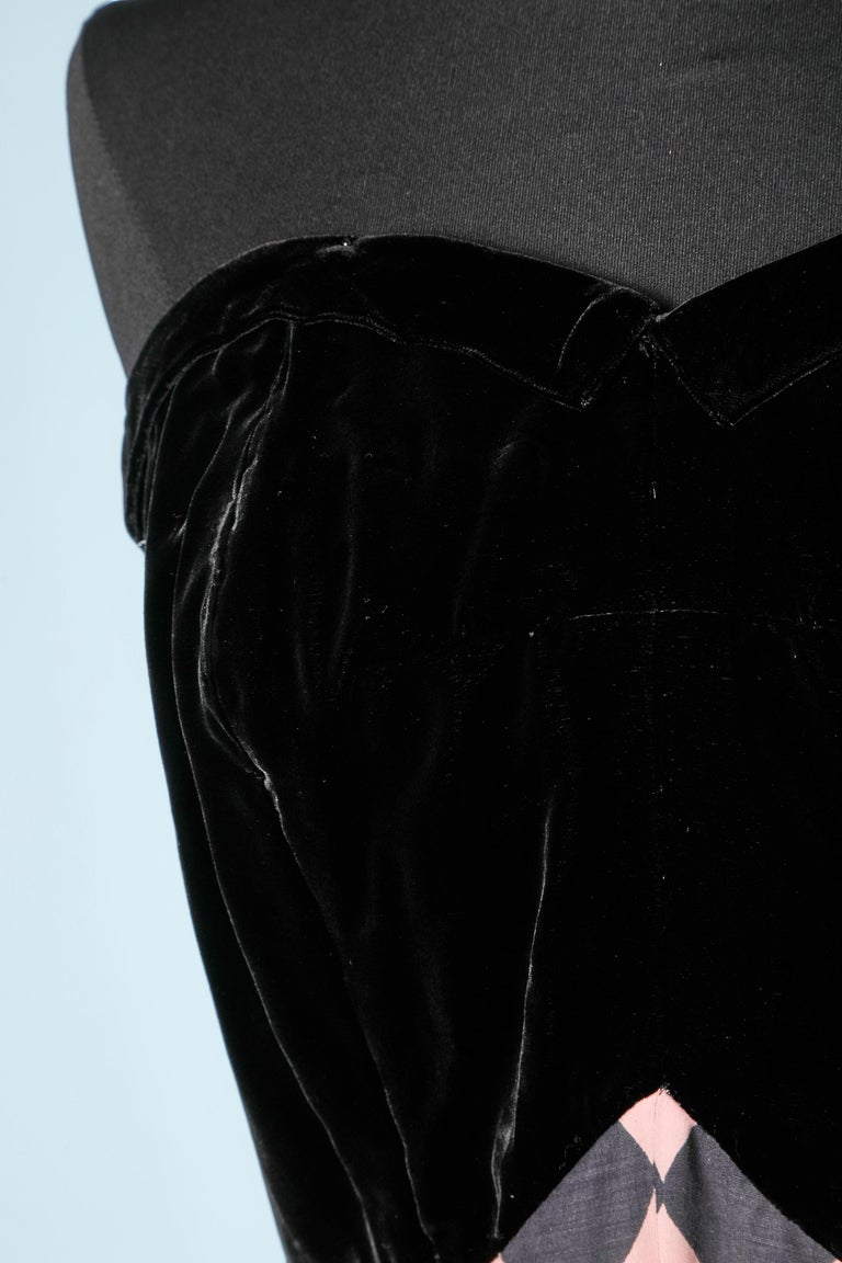 Long bustier evening dress in black velvet and printed cotton For Sale ...