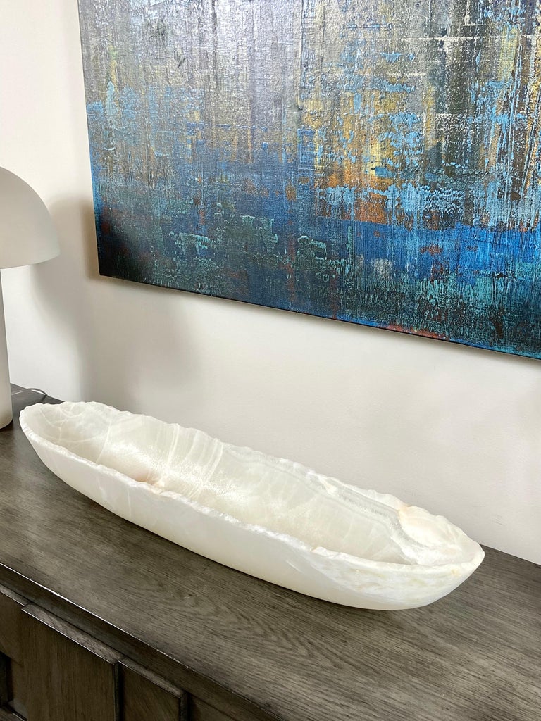 Long Canoe Shaped White Onyx Bowl For Sale at 1stDibs