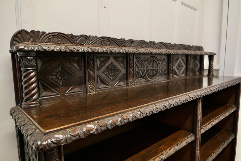 Long Carved Arts and Crafts Gothic Oak Open Book Case For Sale at 1stDibs