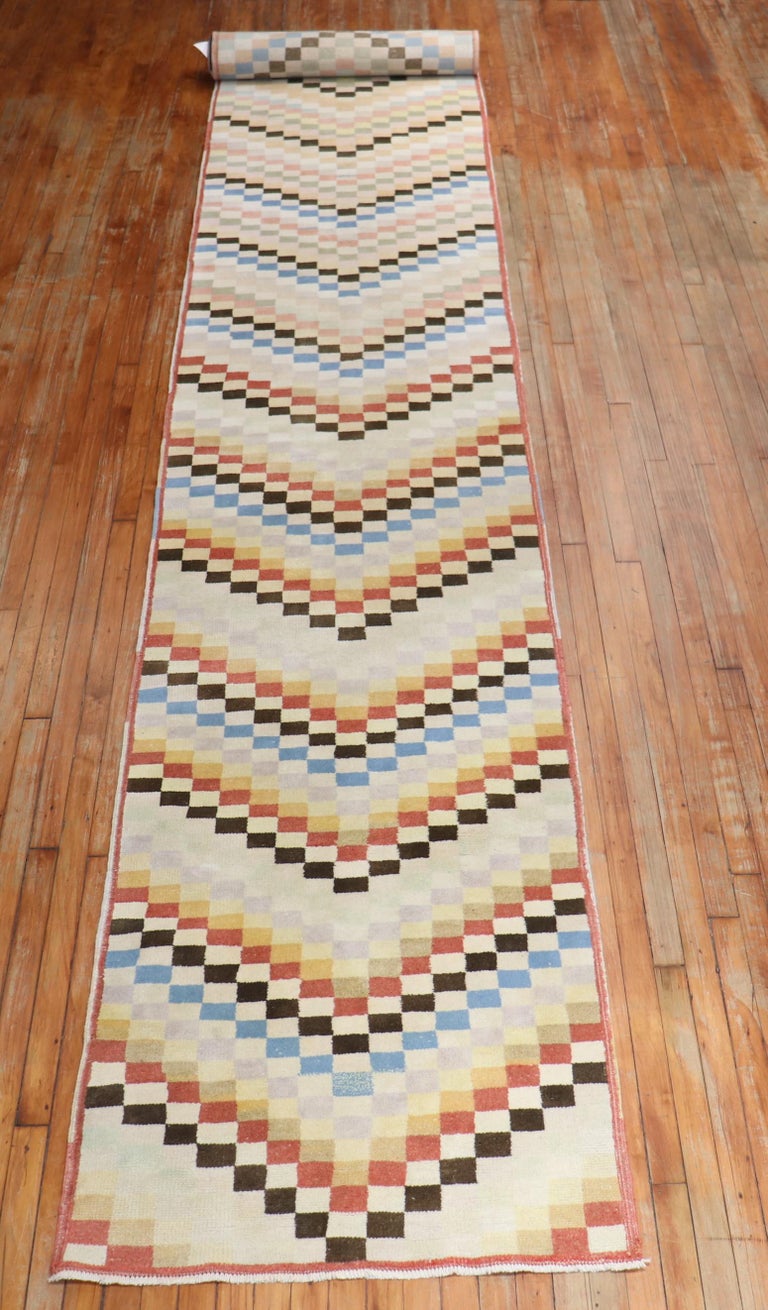 Long Checkerboard Vintage Turkish Deco Runner For Sale at 1stDibs