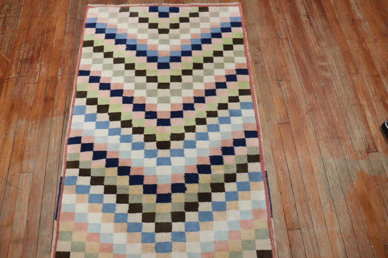 Long Checkerboard Vintage Turkish Deco Runner For Sale at 1stDibs