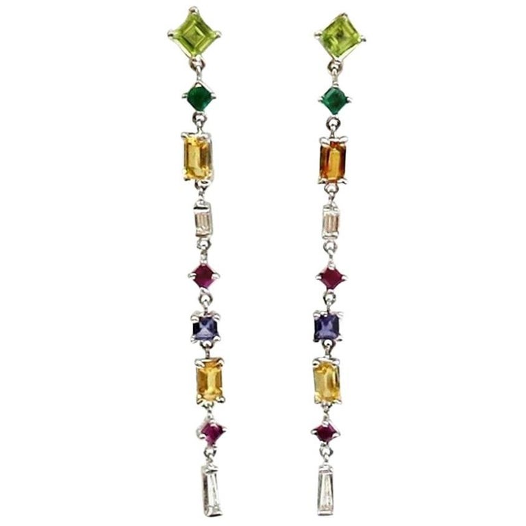 Long Colored Stone and Diamond Dangling Earrings, 14 Karat White Gold ...