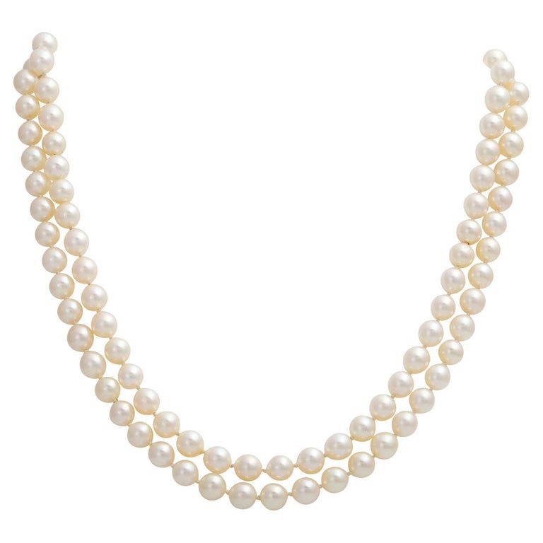 Long Cultured Pearl Necklace with Pearl Clasp 14K For Sale at 1stDibs