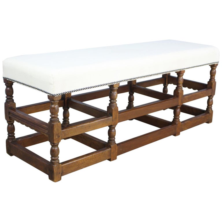 Long Decorative Oak Stool with Turned Legs For Sale at 1stDibs