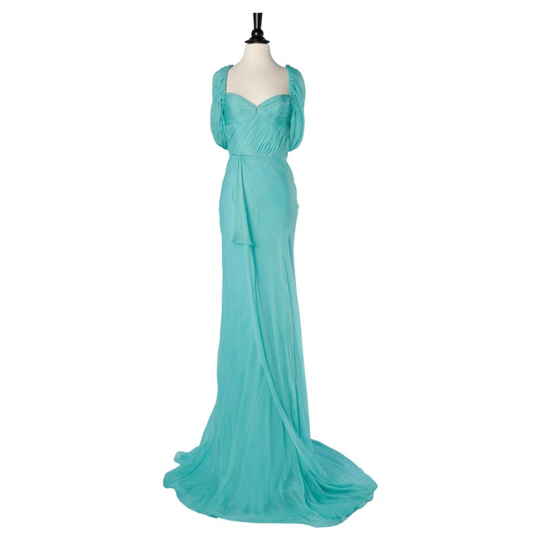 Long drape evening dress in turquoise silk chiffon Sarbu ( No brand tag ...
