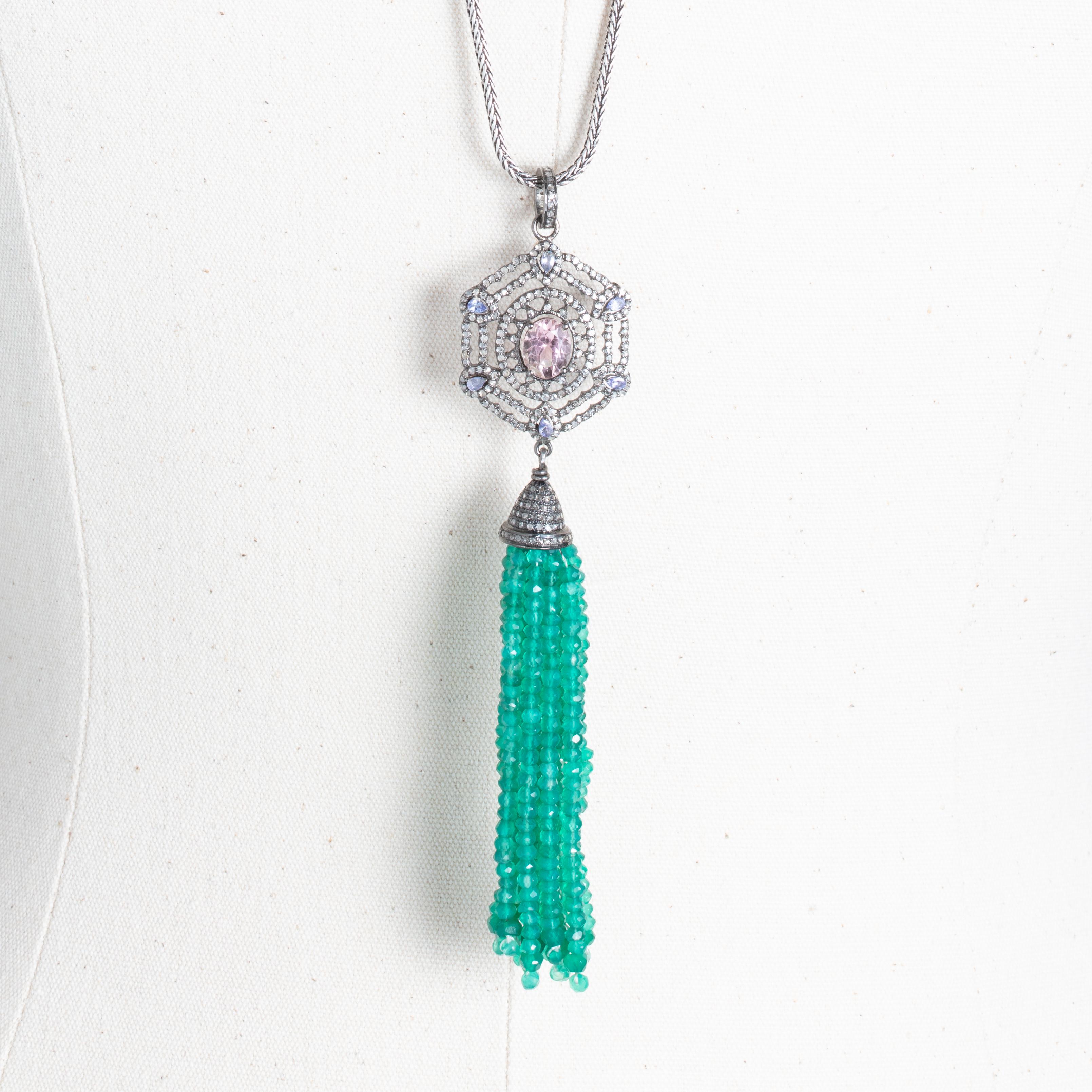 Long Emerald Tassel Necklace with Diamonds, Tanzanite and Pink ...