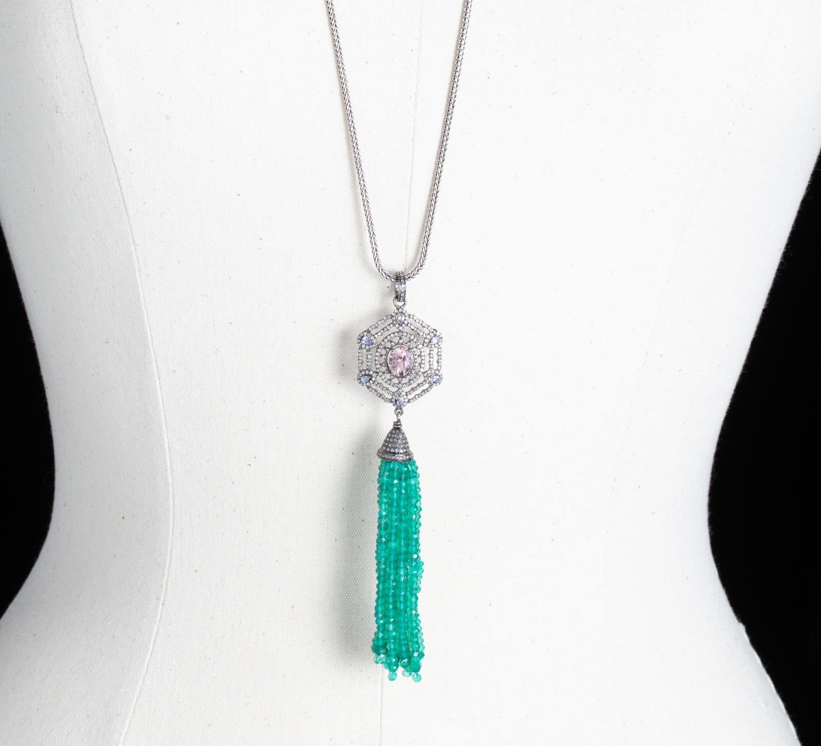 Long Emerald Tassel Necklace with Diamonds, Tanzanite and Pink ...