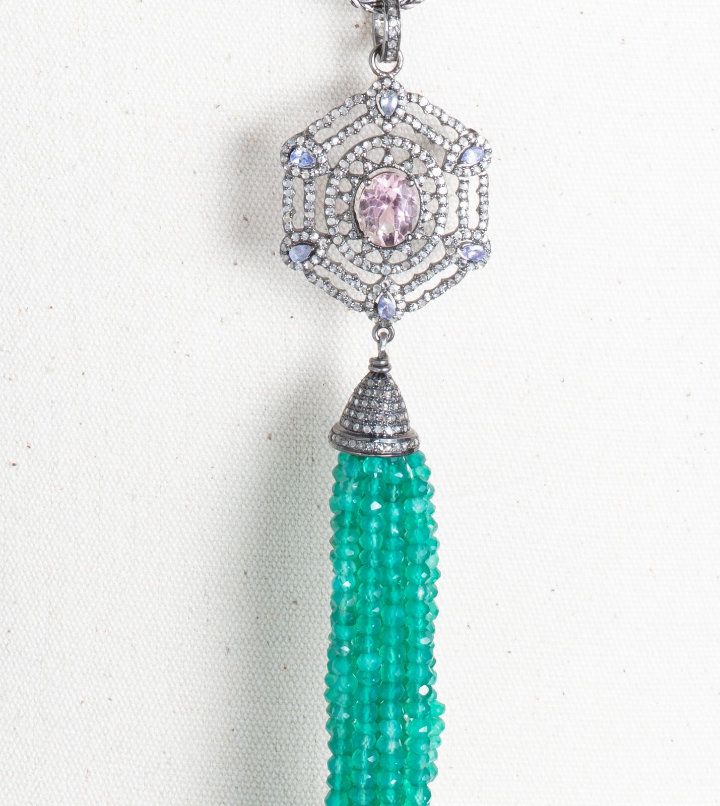 Long Emerald Tassel Necklace with Diamonds, Tanzanite and Pink ...