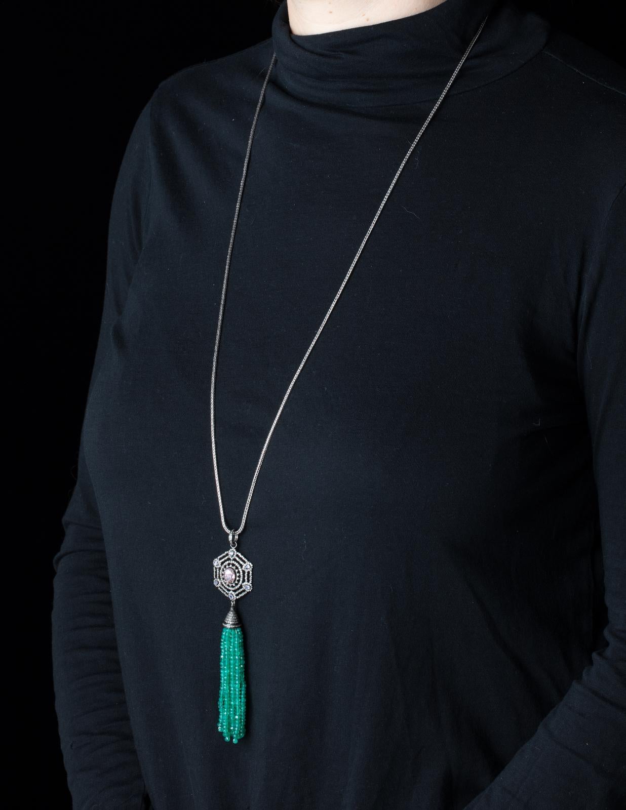 Long Emerald Tassel Necklace with Diamonds, Tanzanite and Pink ...