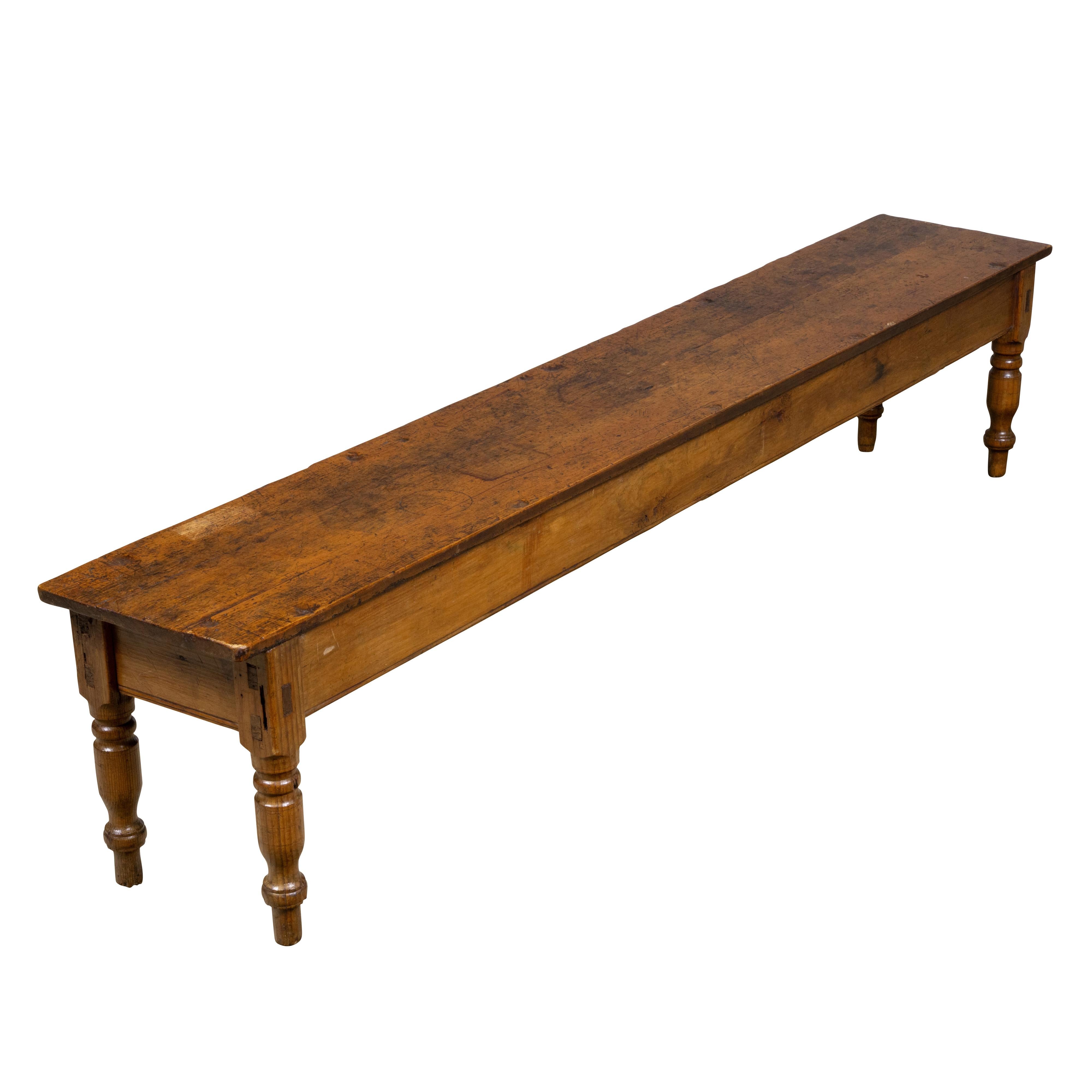 Long English Pine Farmhouse Bench with Turned Legs and Deep Patina ...