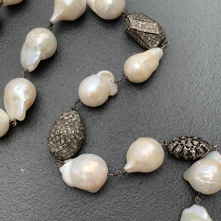 Long Estate Baroque Pearl Silver Pave Diamond Bead Clasp Necklace For ...