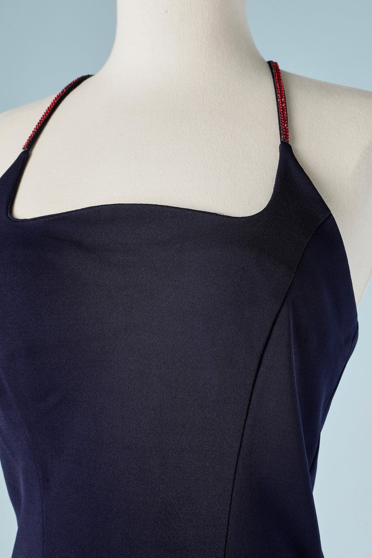 Long evening navy blue rayon dress with red rhinestone straps Thierry ...