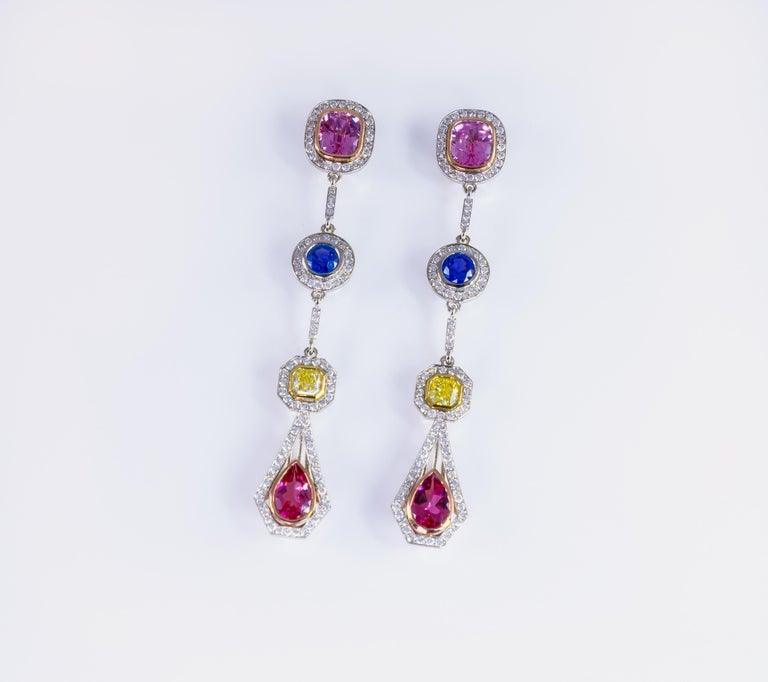 Long Flowing Colorful Gemstones Earrings with Diamonds For Sale at 1stDibs