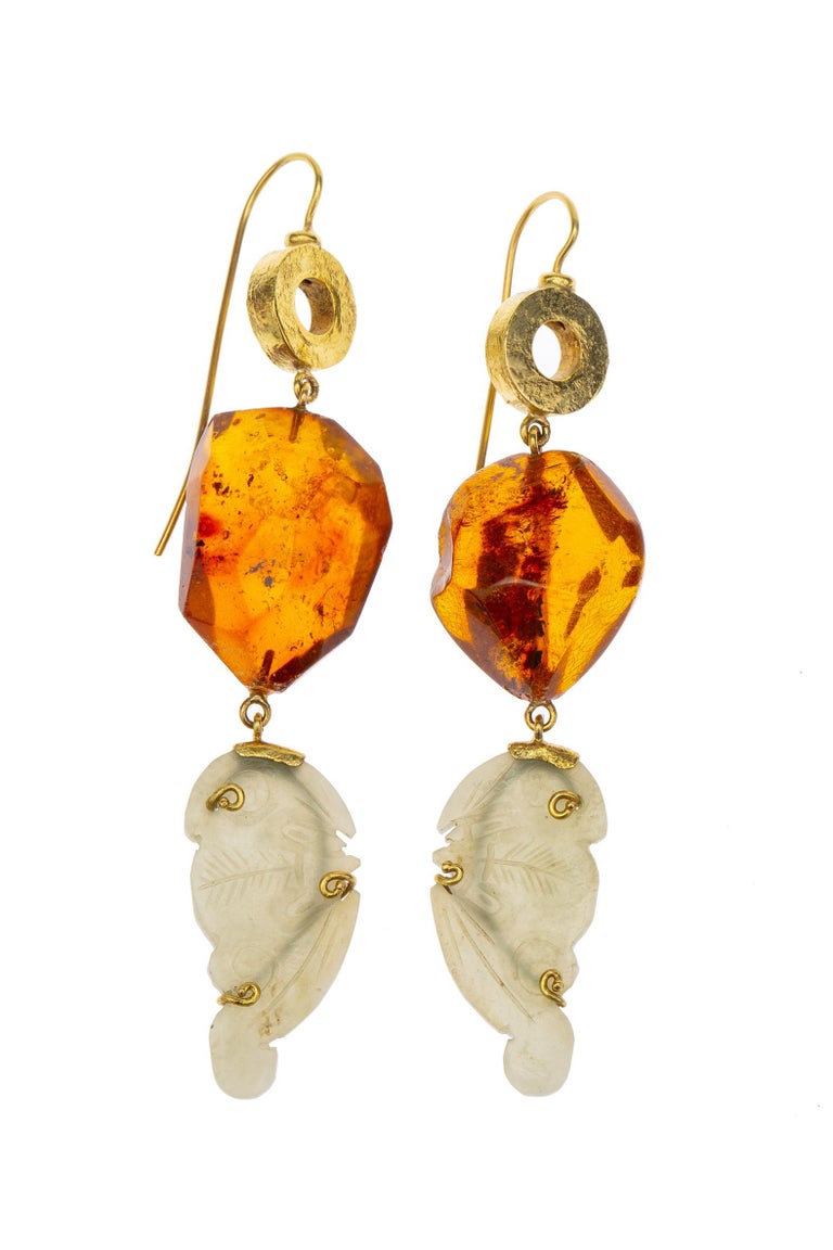 Long Gold Jade Faced Amber Earrings For Sale at 1stDibs