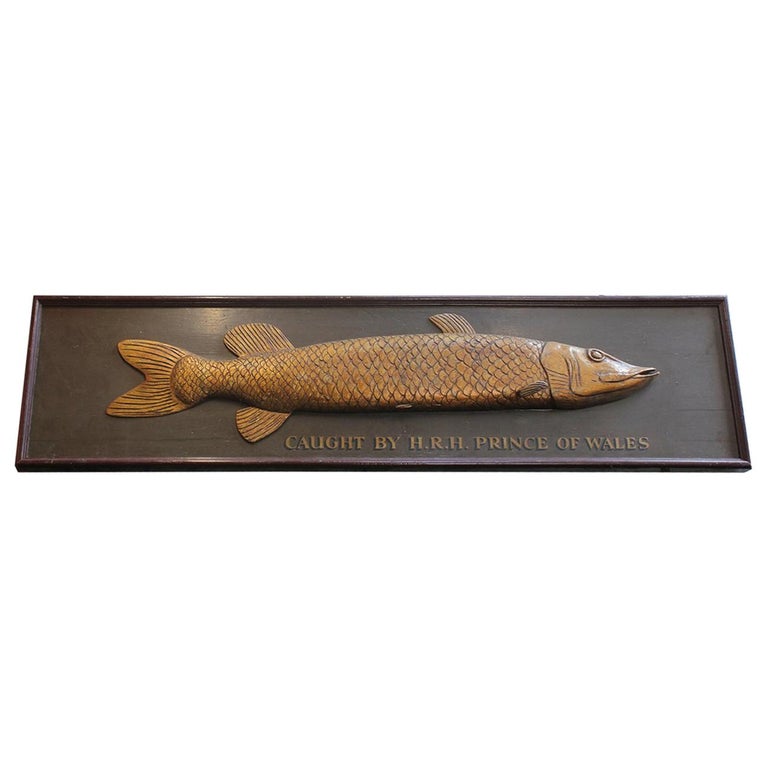 Long Hand-Carved Fish Wood Sign For Sale at 1stDibs