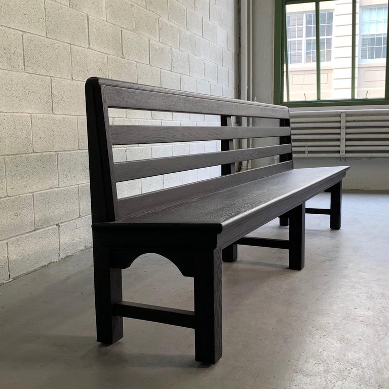 Long Industrial Ebonized Oak Train Station Bench at 1stDibs
