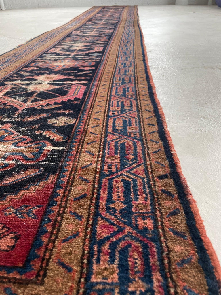 Long and Narrow Antique Runner in Moody Navy, Camel and Pink Colors, c ...