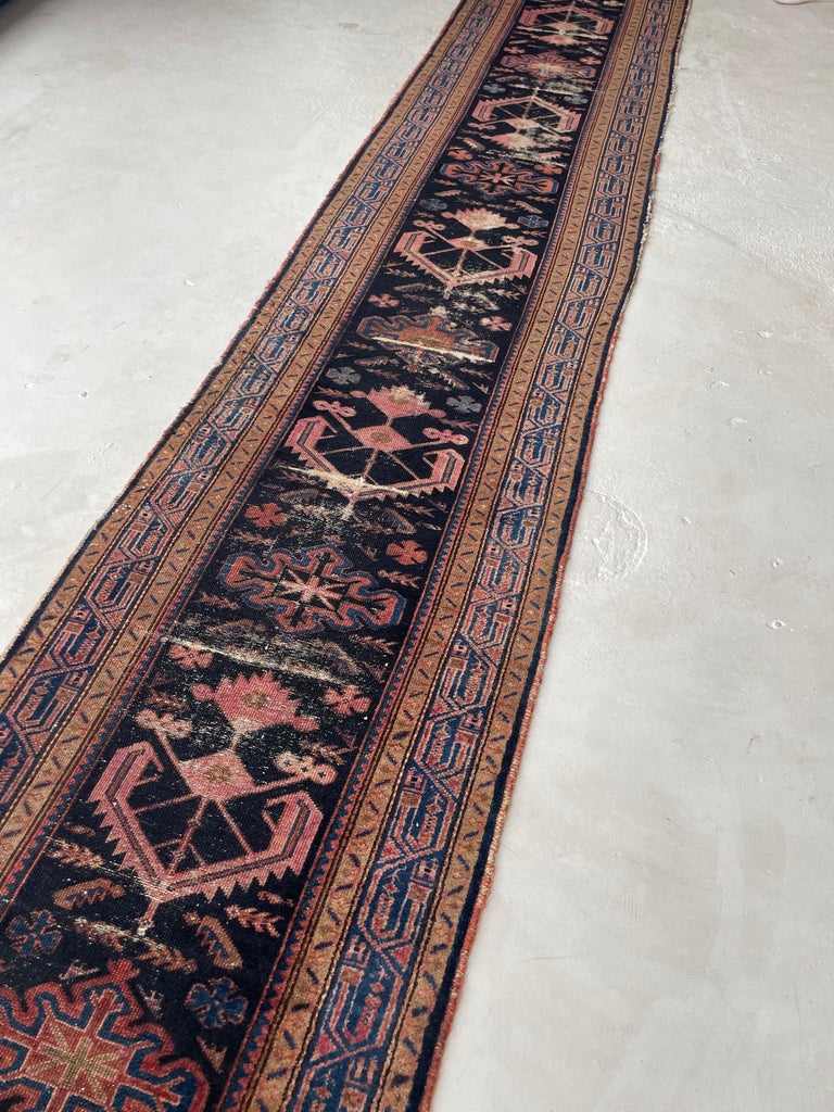 Long and Narrow Antique Runner in Moody Navy, Camel and Pink Colors, c ...