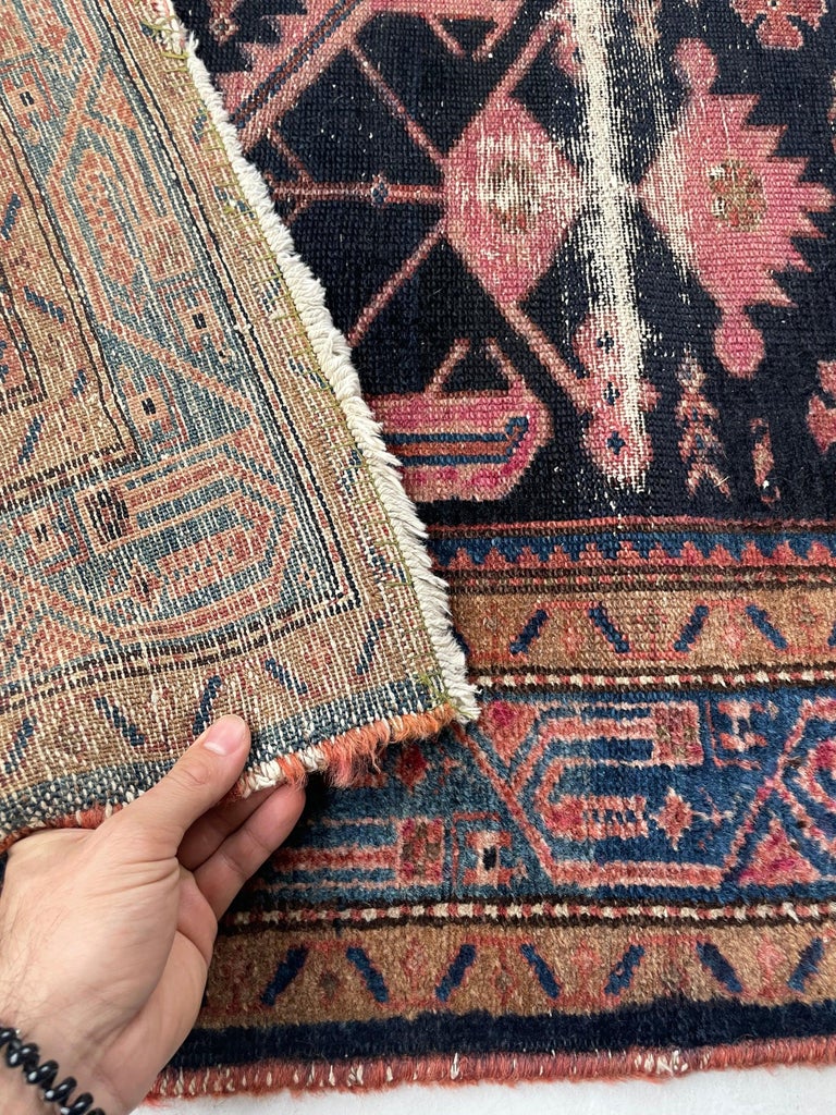 Long and Narrow Antique Runner in Moody Navy, Camel and Pink Colors, c ...