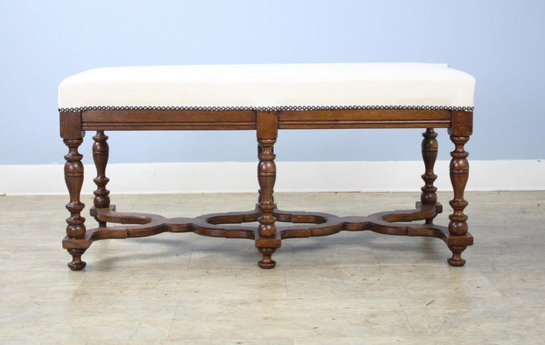 Long Oak Stool with Turned Legs and Criss-Cross Stretcher Base at 1stDibs