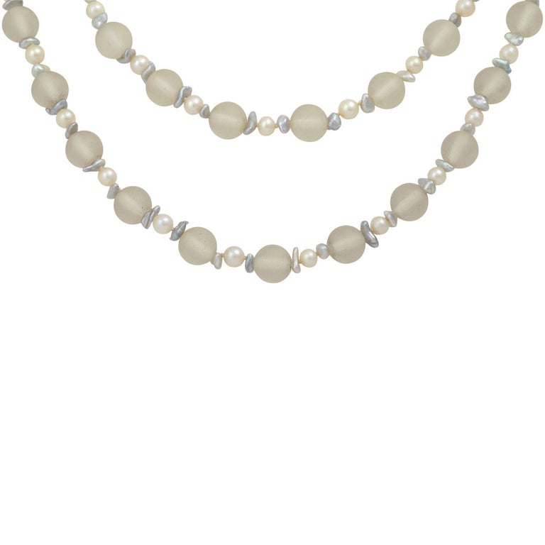 Long Rock Crystal Ball Chain with Grey Keshi and Akoya Cultured Pearl ...