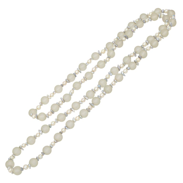 Long Rock Crystal Ball Chain with Grey Keshi and Akoya Cultured Pearl ...