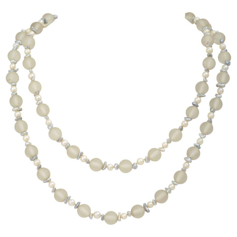 Long Rock Crystal Ball Chain with Grey Keshi and Akoya Cultured Pearl ...