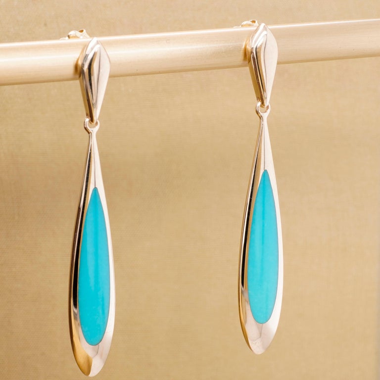 Long Tear-Drop Post Earrings with Sleeping Beauty Turquoise Inlay For ...