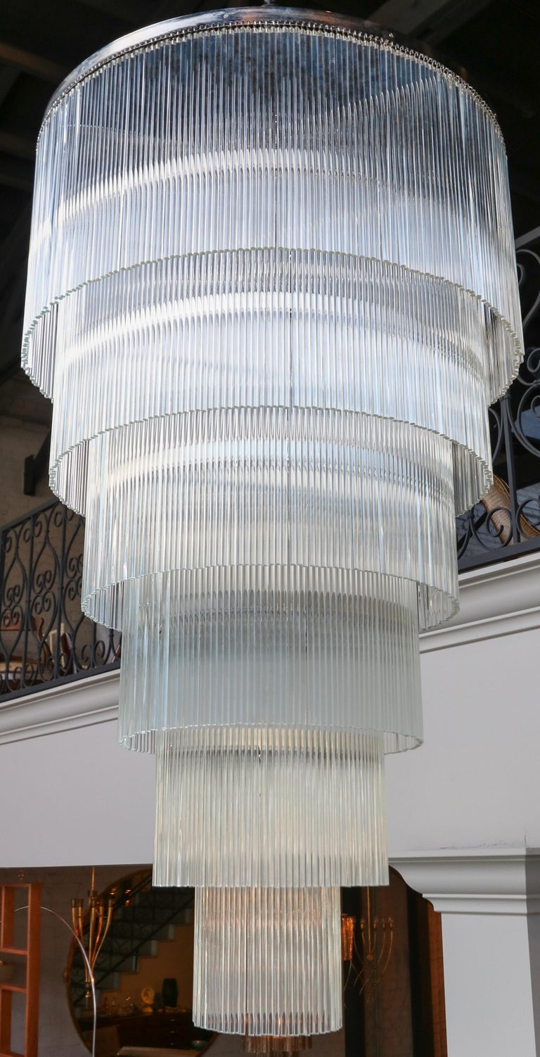Long Tiered Glass Rod Chandelier with Chrome Frame For Sale at 1stDibs