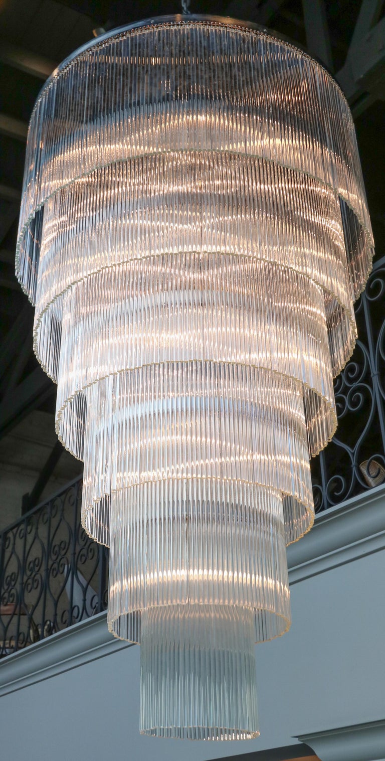 Long Tiered Glass Rod Chandelier with Chrome Frame For Sale at 1stDibs