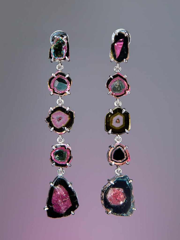 Long Tourmaline Earrings White Gold Slices Watermelon Gemstone For Sale ...