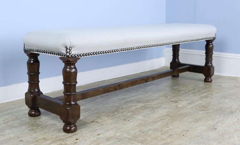 Long Upholstered Bench with Chunky Legs at 1stDibs