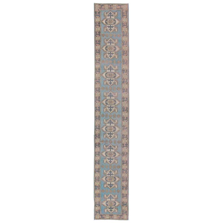 Long Vintage Turkish Runner with Geometric Design in Light Blue and ...