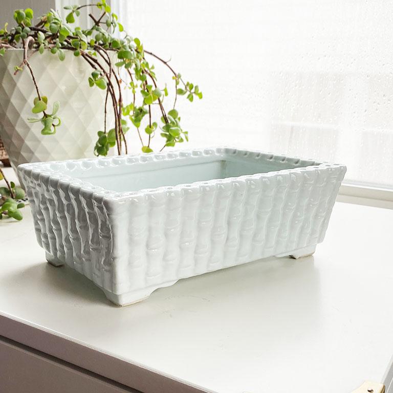 Long White Hollywood Regency Glazed Ceramic Faux Bamboo Planters, a ...