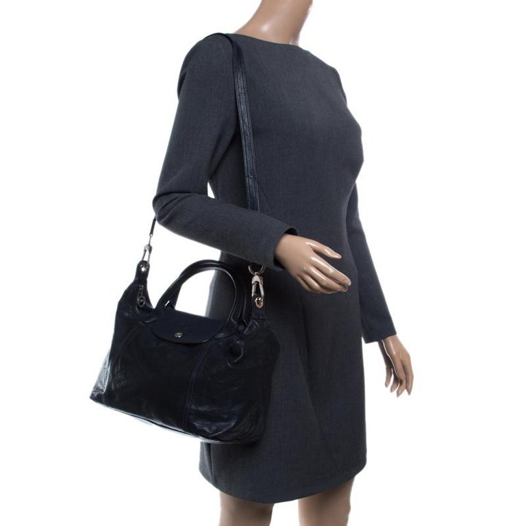 Longchamp Navy Blue Leather Small Le Pliage Tote For Sale at 1stDibs