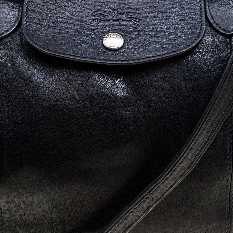 Longchamp Navy Blue Leather Small Le Pliage Tote For Sale at 1stDibs