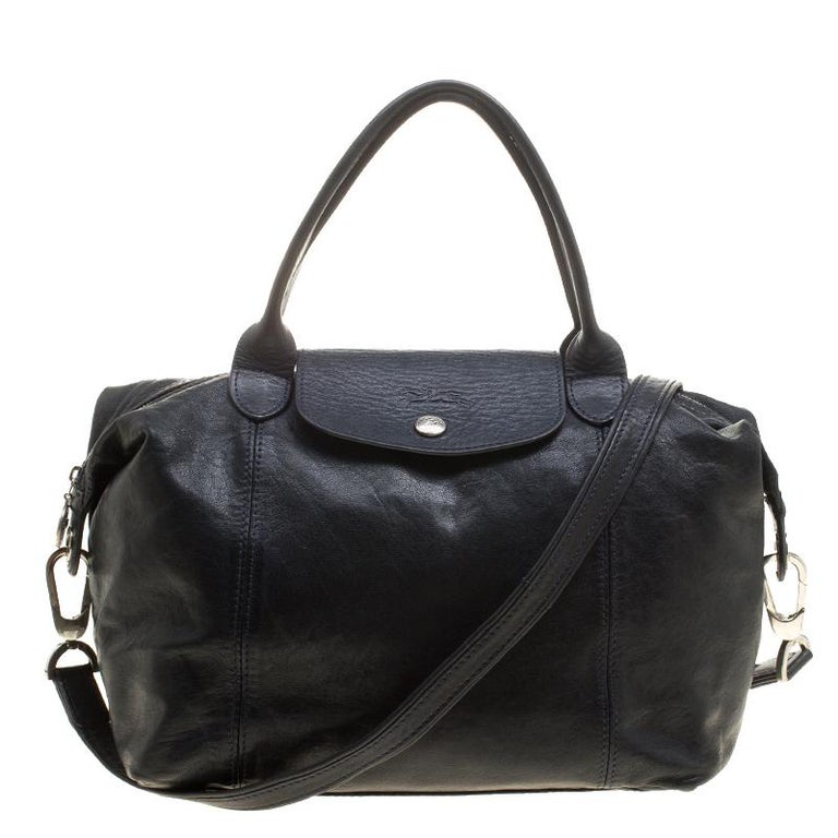 Longchamp Navy Blue Leather Small Le Pliage Tote For Sale at 1stDibs