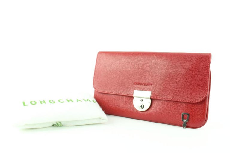 Longchamp Red Leather Lock Flap Clutch 9LC113 For Sale at 1stDibs