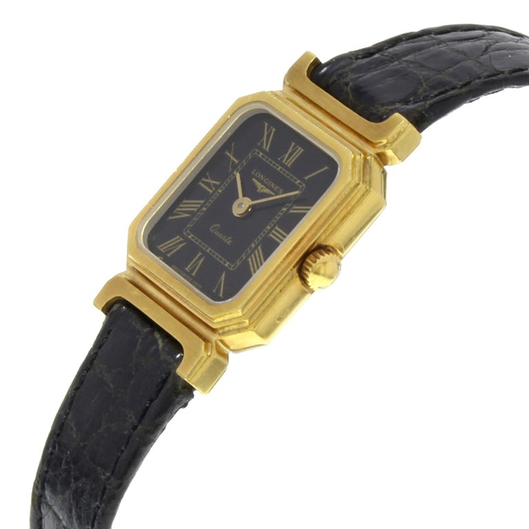 Longines Rectangle Black Dial 14 Karat Yellow Gold Leather Quartz ...