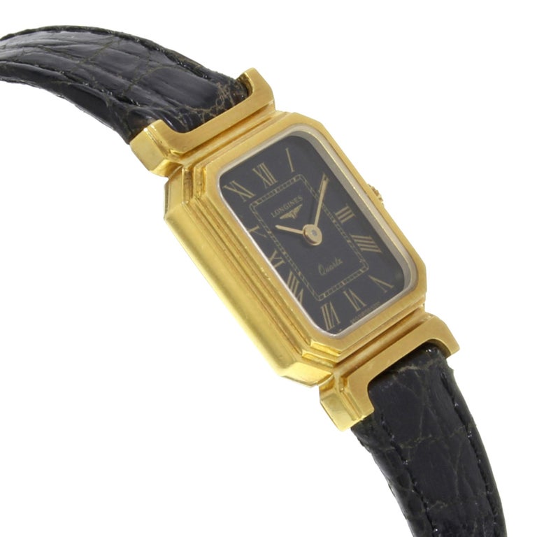 Longines Rectangle Black Dial 14 Karat Yellow Gold Leather Quartz ...