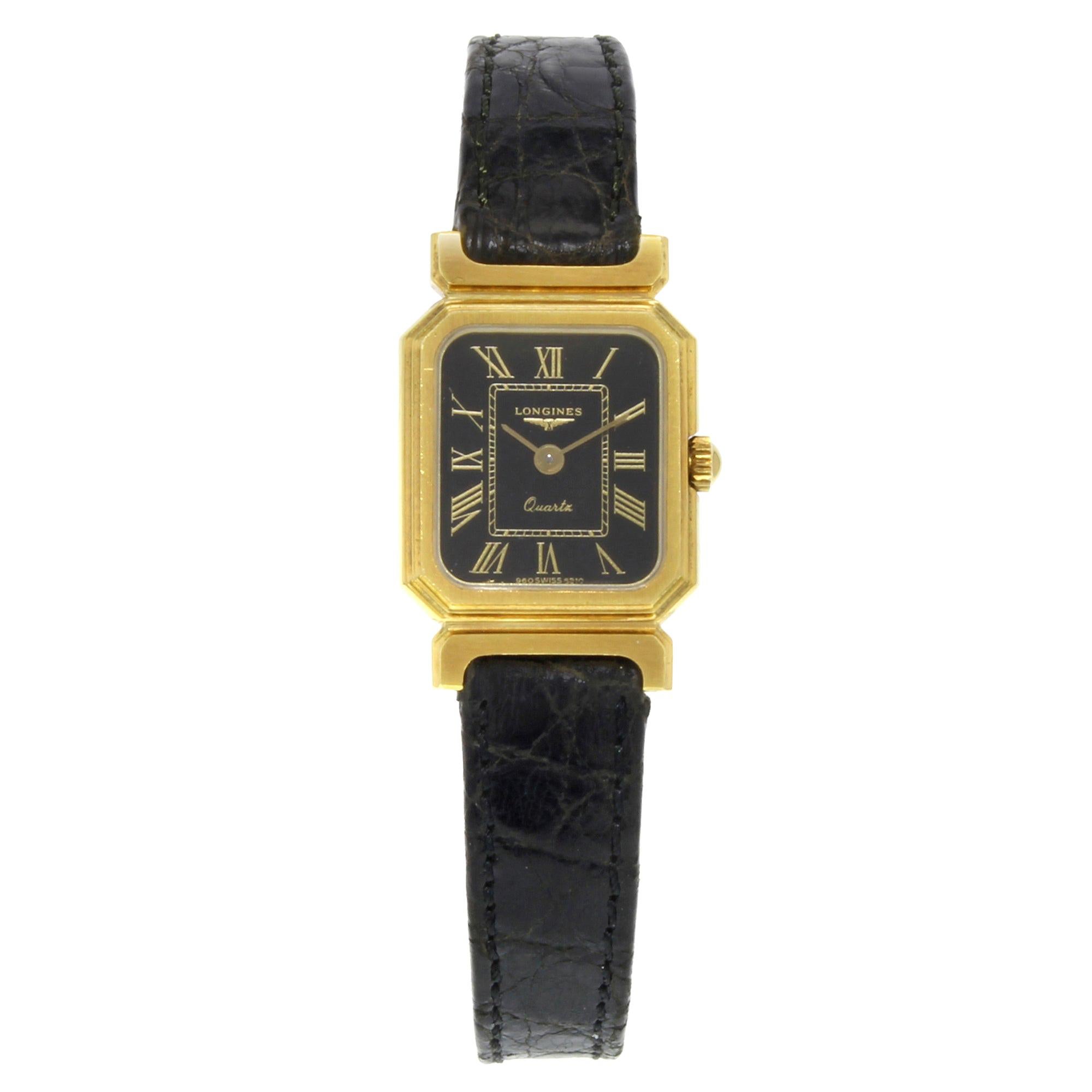Longines Rectangle Black Dial 14 Karat Yellow Gold Leather Quartz ...