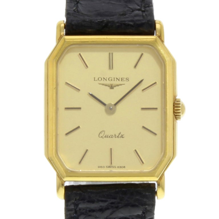 Longines Rectangle Gold Dial 18 Karat Yellow Gold Leather Quartz Ladies ...