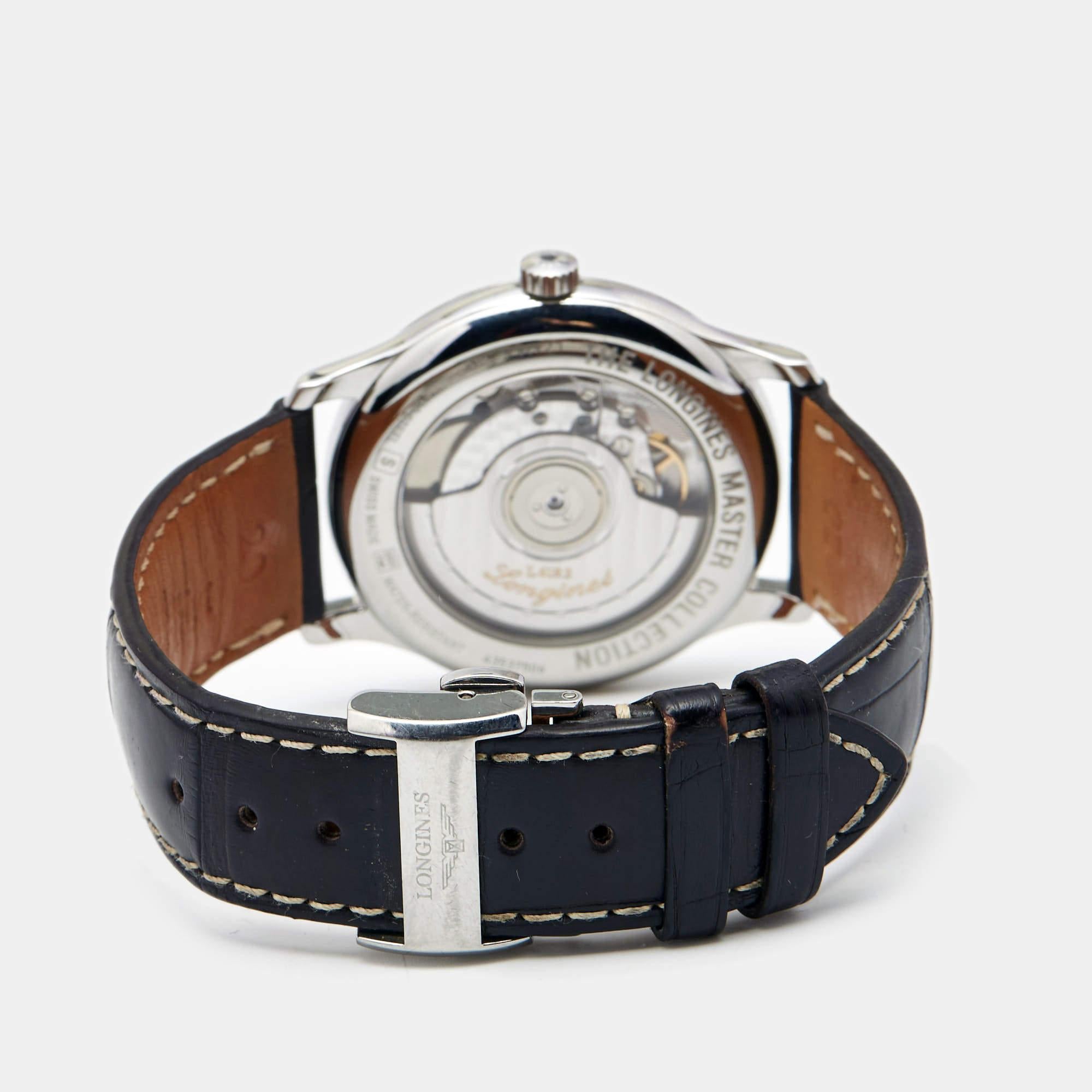 Longines Silver Stainless Steel Leather Master Collection Wristwatch 38 ...